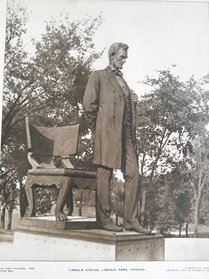 LINCOLN STATUE,LINCOLN PARK,CHICAGO.EXTRA SIZE 12"x10" PERRY ENGRAVING ...