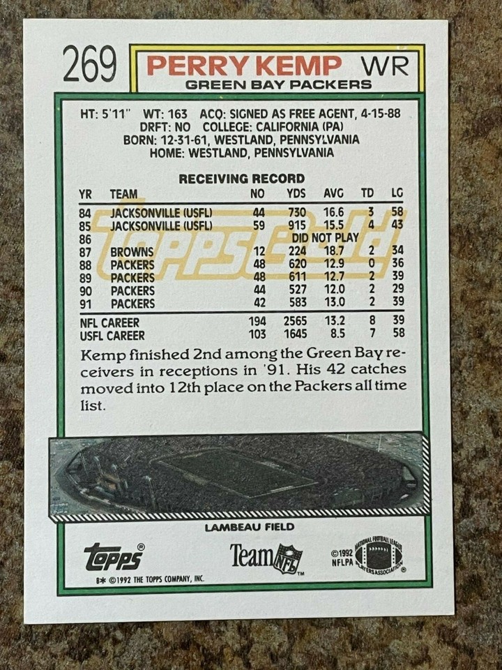 1992 Topps Gold #269 Perry Kemp - Green Bay Packers | eBay
