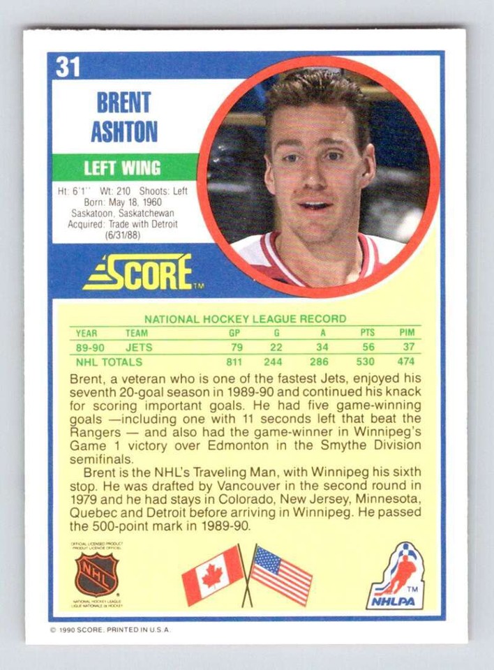 1990-91 Score #31b Brent Ashton COR Winn Jets (LW on card front ...
