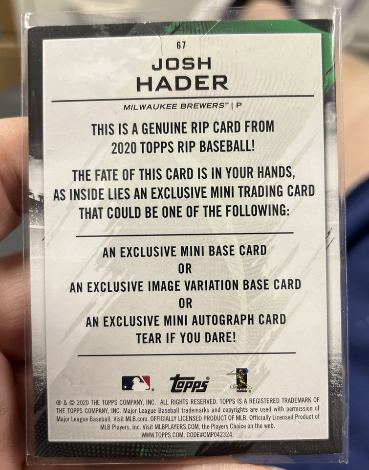 2020 Topps Rip - Josh Hader *UNRIPPED* RIP CARD #82 - BLACK PARALLEL SP ...