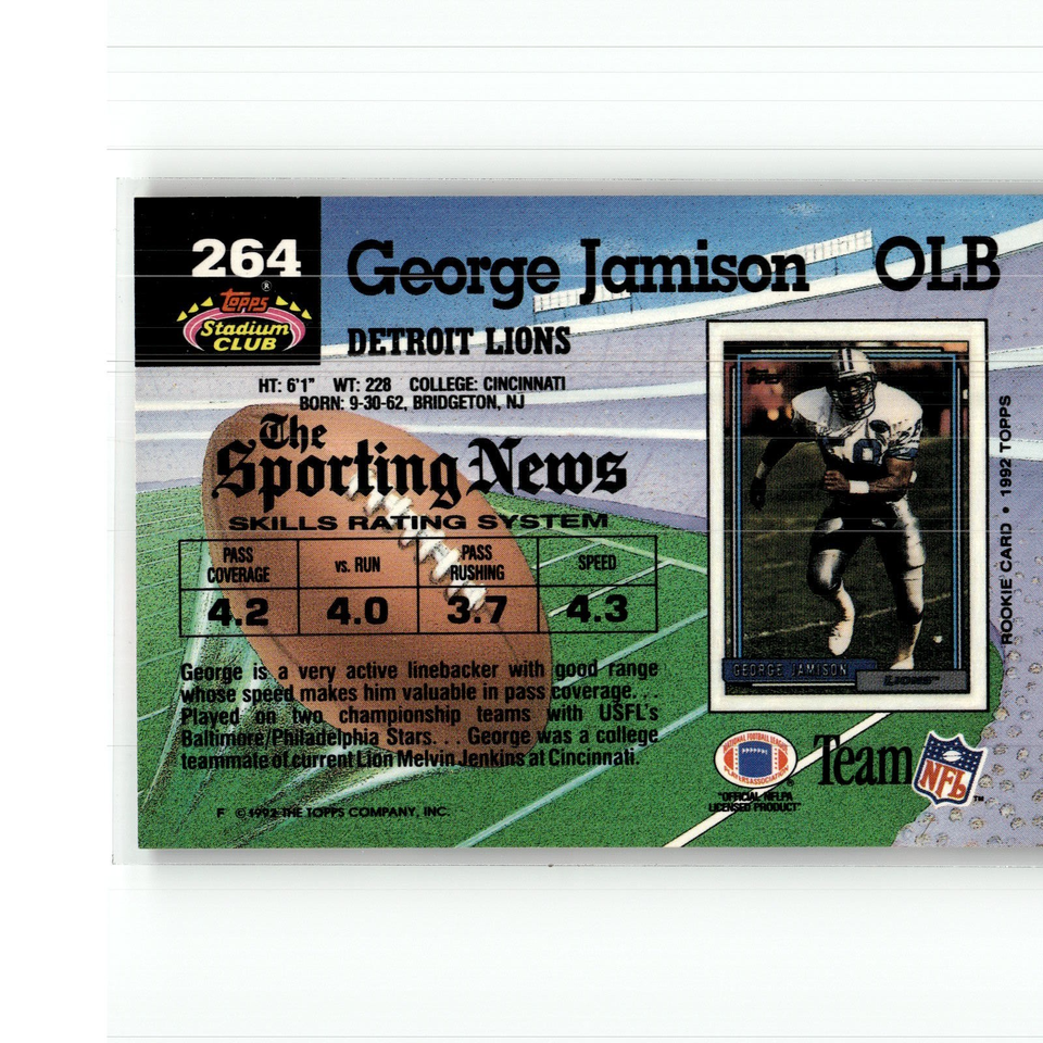 George Jamison #264 1992 Topps Stadium Club Detroit Lions Football Card ...