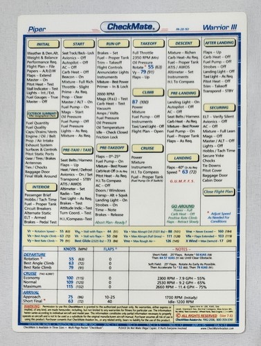 Checkmate Pilot Flight Checklist, Piper Warrior III | eBay