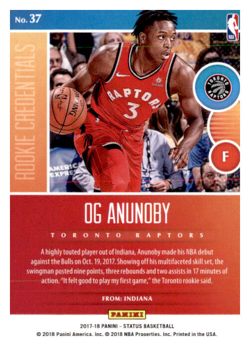 2017-18 Status Rookie Credentials OG Anunoby Raptors #37 NBA RC Insert ...