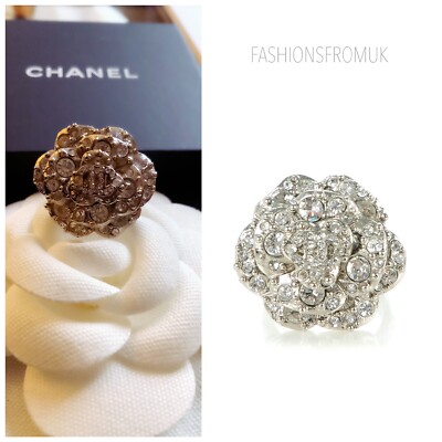 CHANEL SILVER CRYSTAL EMBELLISHED CAMELLIA FLOWER RING SZ 52 UK M | eBay UK