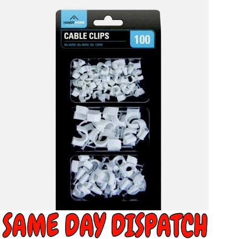 100 Pack White CABLE CLIPS 3 Assorted Sizes Wall Tacks Wire Cord ...