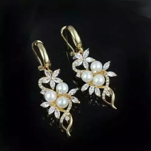 3Ct Round Lab Created Pearl Diamond Drop/Dangle Earrings 14k Yellow ...