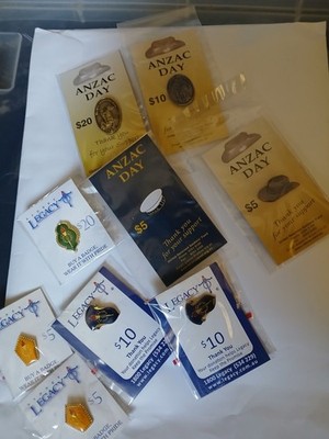 NEW IN PACK - BULK LOT - ANZAC DAY BADGES PINS x 9 - INCLUDES SLOUCH ...