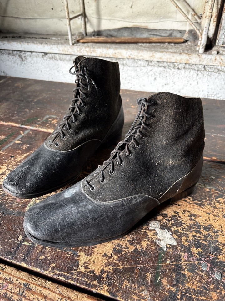 Vintage 1900s - 1920s Leather Felt Men’s Shoes Formal Mourning Antique ...
