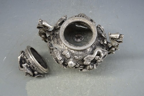 Chinese Old Tibet silver hand carved 3 foot 9 Dragon Incense Burners ...