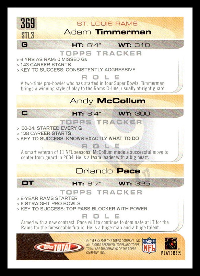 2005 Topps Total #369 Orlando Pace / Adam Timmerman / Andy McCollum | eBay