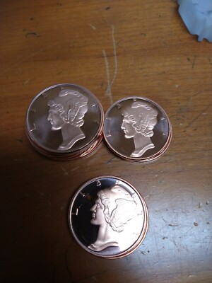 COPPER BULLION ROUND- LOT OF 20 -1 OUNCE- Mercury Dime Design 999 ...
