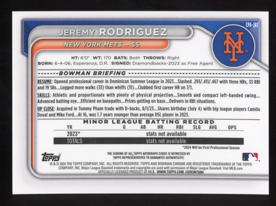 Jeremy Rodriguez 2024 Bowman Chrome Auto Rookie Gold #d 11/50 New York ...