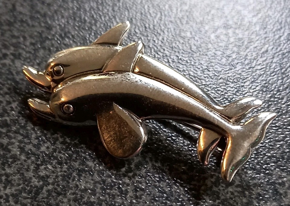 Charming Sterling Silver Double Dolphin Brooch Pin Stamped Sterling ...