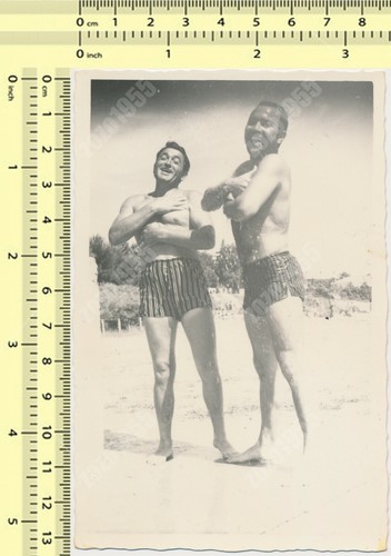 Two Shirtless Men in Trunks Bulge Guys on Beach Males Smiling Abstract ...