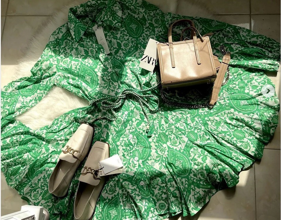 ZARA GREEN PAISLEY FLORAL PRINT MINI SHIRT DRESS VOLUMINOUS SKATER ...