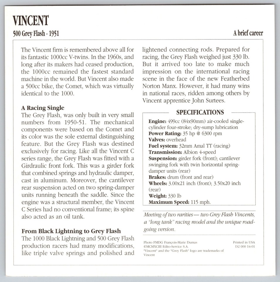 Vincent 500 Grey Flash 1951 G Britian Edito Service Atlas Motorcycle ...