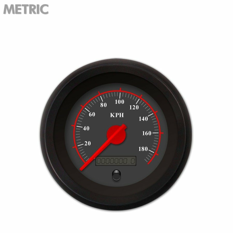 Speedo Gauge - Metric Omega Black, Red Modern Needles, Black Trim Rings ...