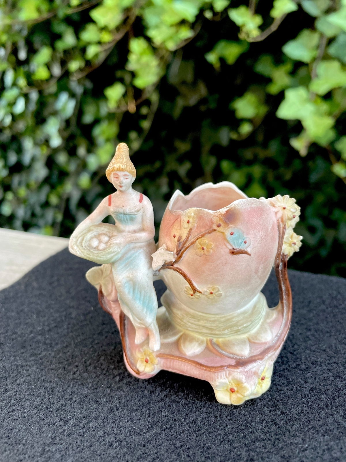 3" Antique Nouveau Bisque Young Girl Nymph Figurine sitting w Nest of ...