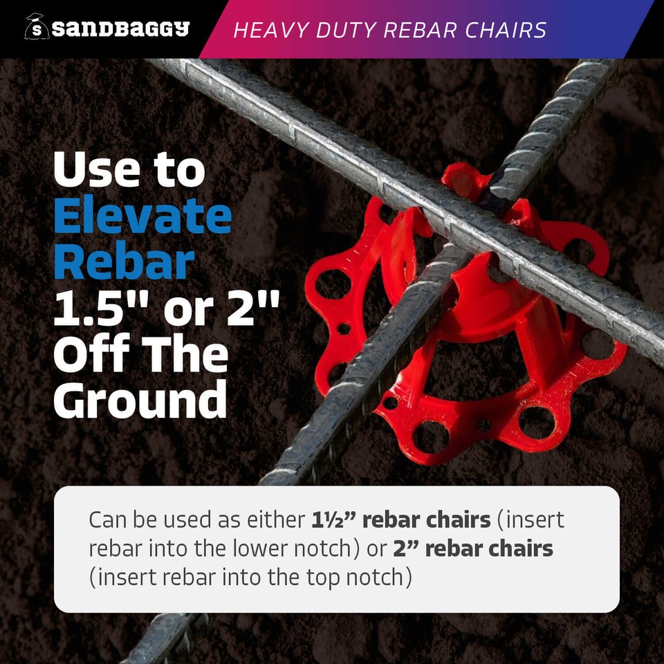 Sandbaggy Plastic Rebar Chair - Elevates Rebar 1 ½" or 2" - Rebar #3 to ...