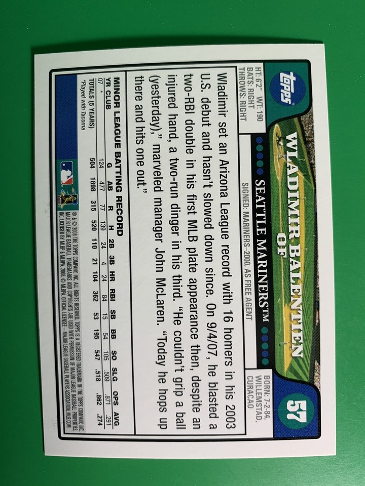 2008 Topps Wladimir Balentien #57 Seattle Mariners | eBay