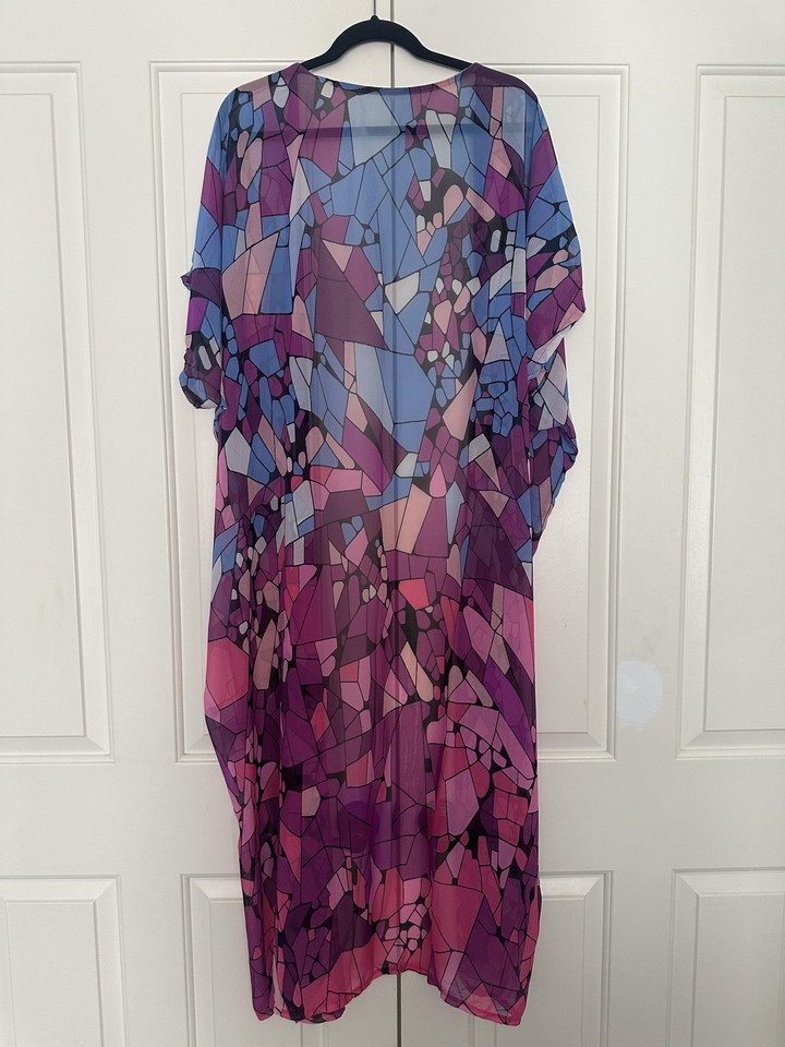 Abstract Mosaic Kimono Duster Womens One Size Purple Pink Sheer Beach ...