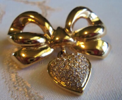 WD SIGNED beautiful Vintage Bow drop Heart Pin Brooch gorgeous 1.5 inch ...