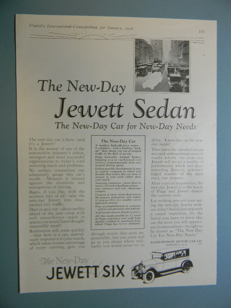 1926 JEWETT SIX SEDAN "THE NEW-DAY CAR FOR NEW-DAY NEEDS" SALES ART AD ...