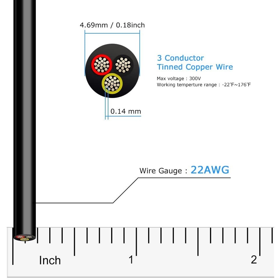 22 Gauge Electrical Wire 3 Conductor, 22AWG 50FT PVC Stranded, Low ...