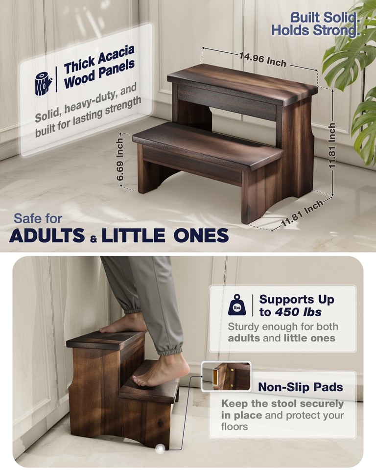Wooden Two Step Stool, Heavy Duty 2-Step Ladder for Adults & Kids ...