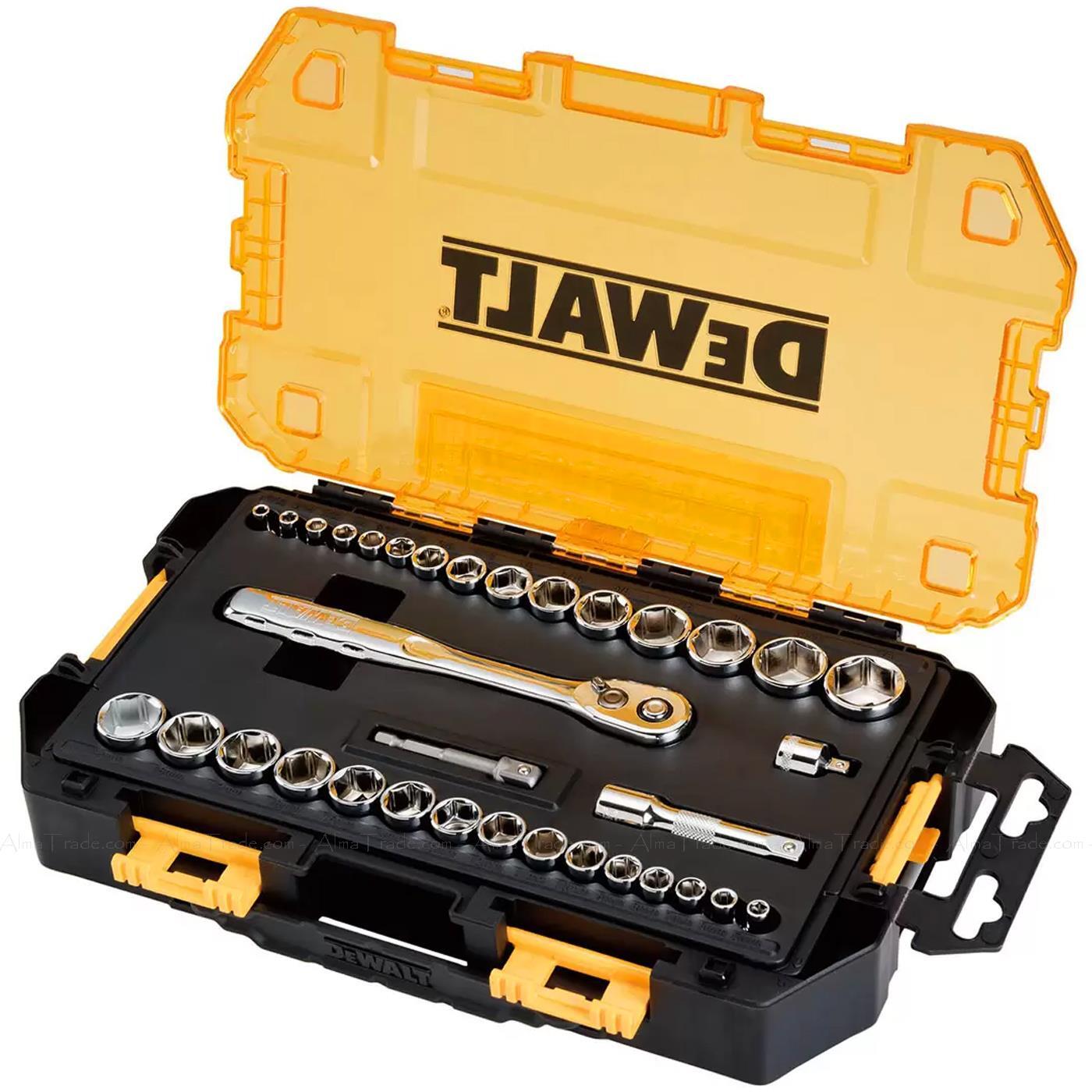 DeWalt 34 Piece Mechanics Socket Set Spanner Ratchet Drive Tool Case ...