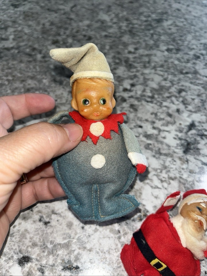 Vintage Rubber Face Santa Claus Pixie Elf Felt Christmas Sleigh MCM Kitschy | eBay
