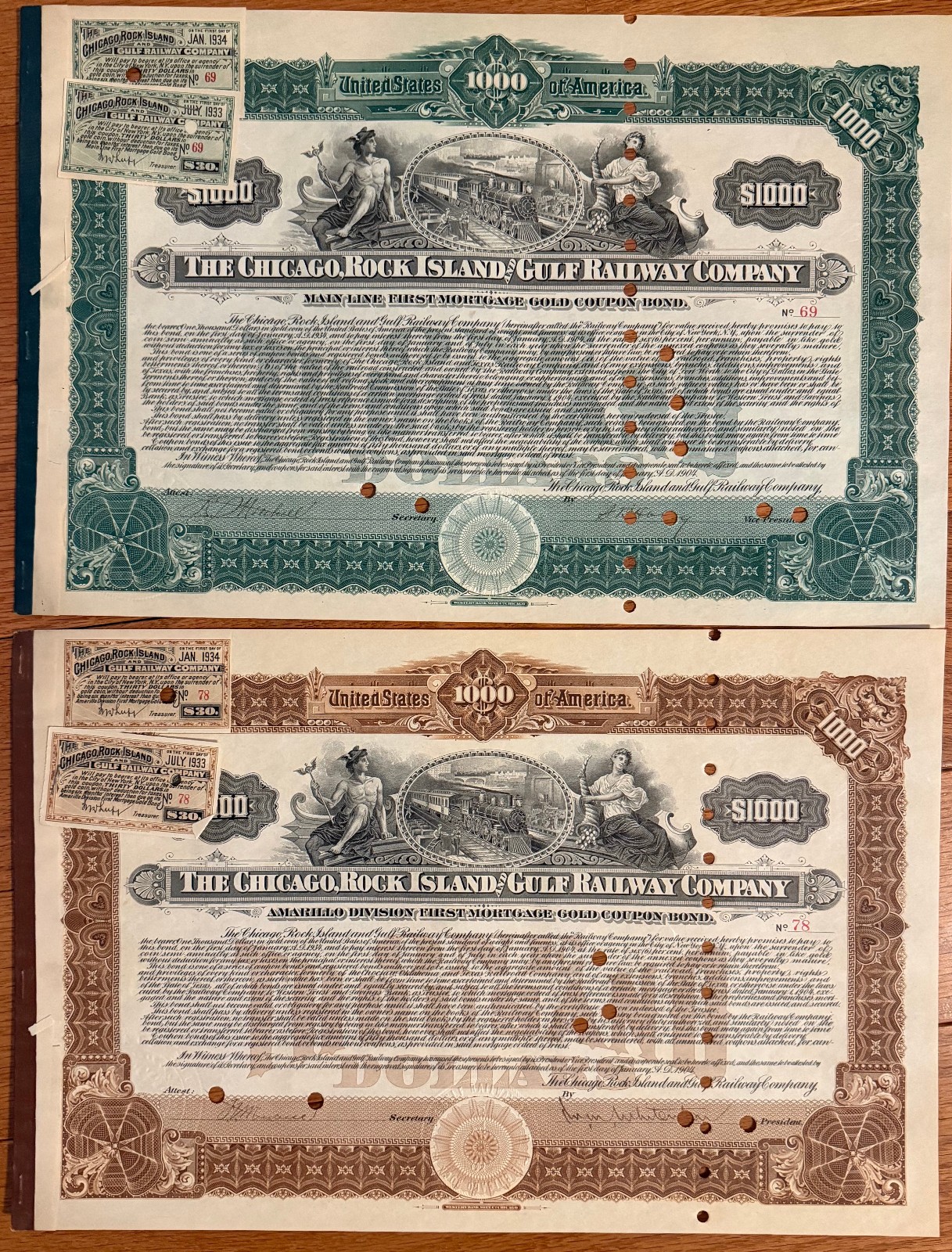 Chicago, Rock Island and Gulf Railway Company Set of 2 Bond ...