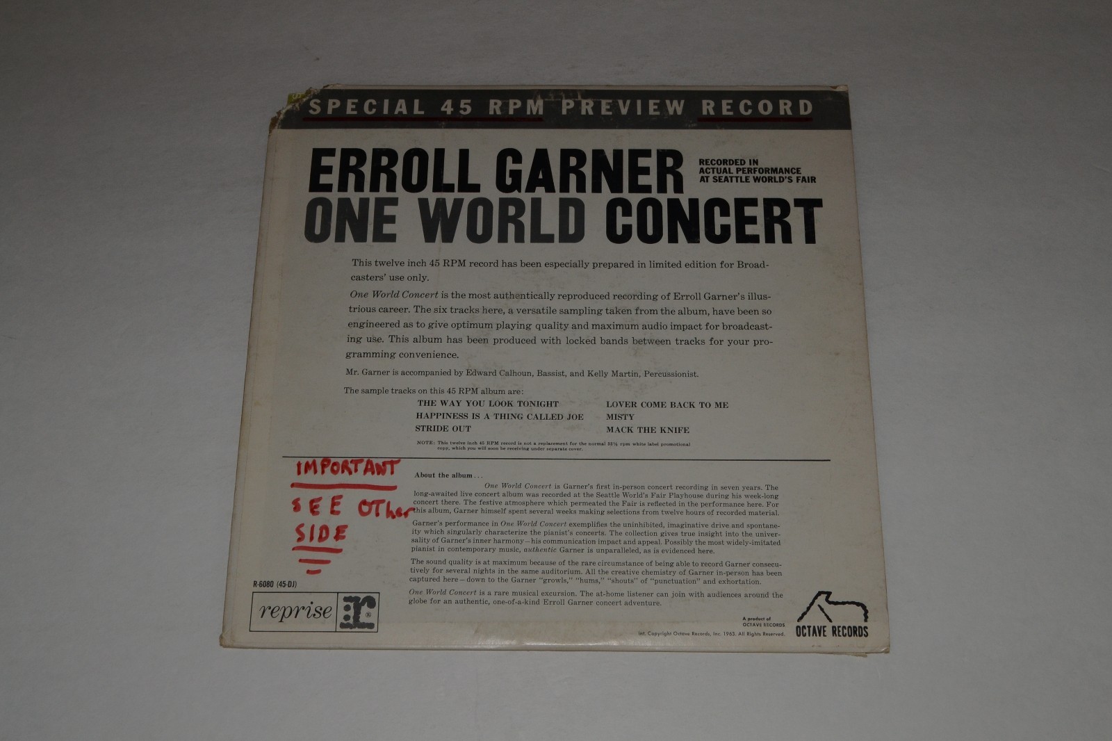 Erroll Garner - One World Concert - PROMO Preview Record FAST SHIPPING ...