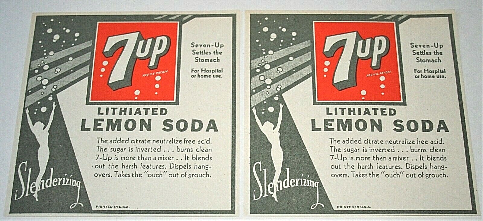 Set of 2 7UP Lithiated Lemon Soda Soft Drink Bottle Paper Label New NOS ...