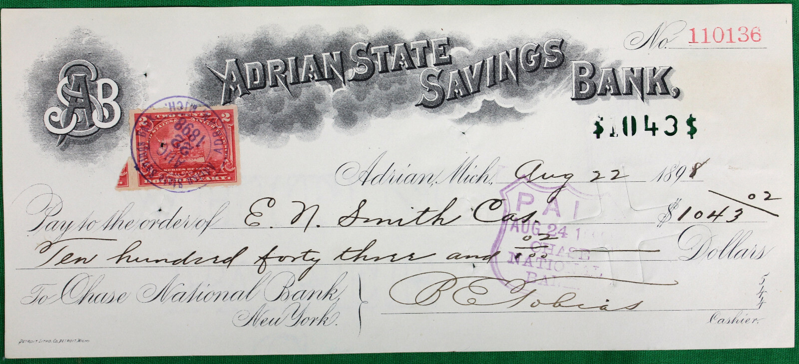 Original 1898 Adrian State Savings Bank of Adrian Michigan w/Revenue ...