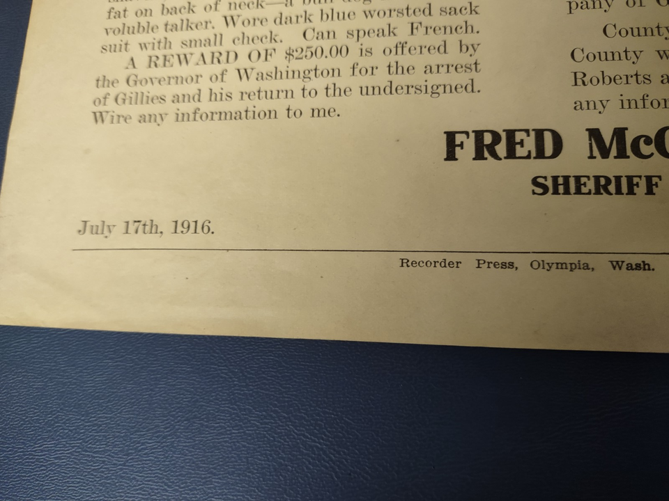 1916 Wanted Escaped Poster Olympia Washington, John Gillies & Henry ...