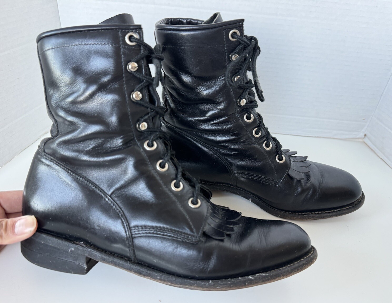 Justin Black Leather Lace Up Kiltie Roper Western Cow… - Gem