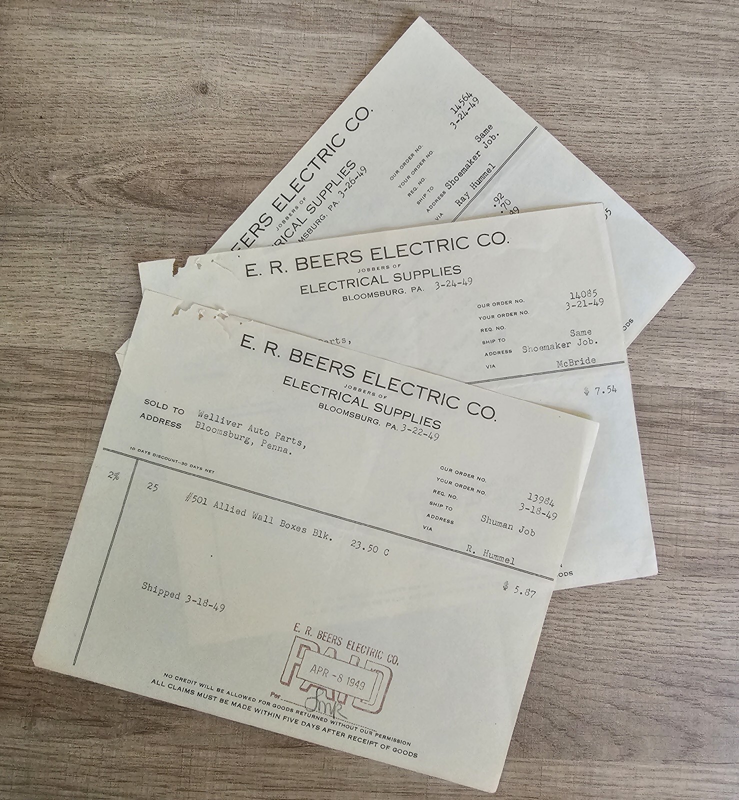 Lot of (3) 1949 E R Beers Electric Co Billheads Receipts Bloomsburg, PA ...
