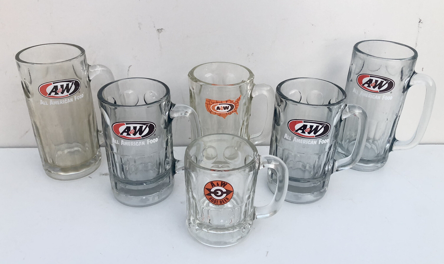 SET (6) Vintage A & W Rootbeer Mug Mixed Size & Logos, Heavy Glass ...