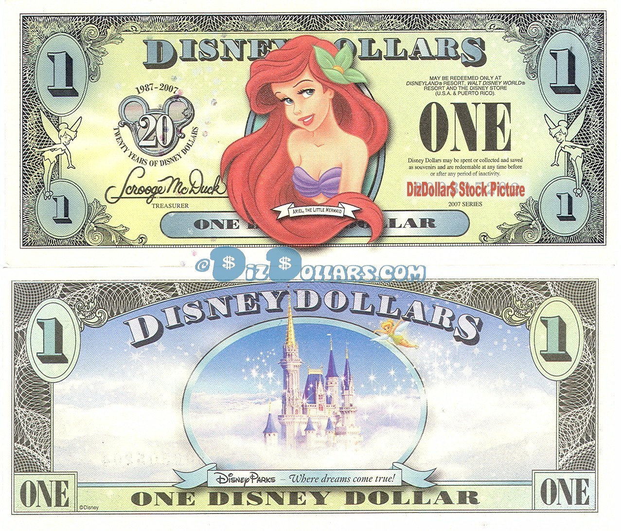 2007 T $1 MINT UNCIRCULATED ARIEL the MERMAID Disney STORE Dollar ...