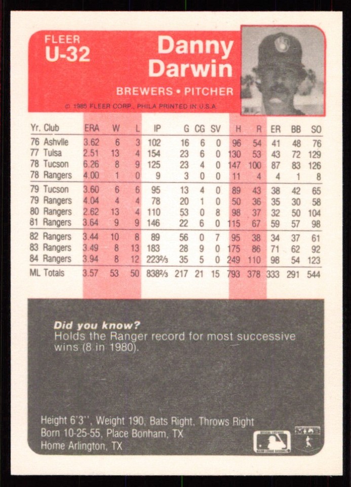1985 Fleer Update Danny Darwin Milwaukee Brewers #U-32 | eBay