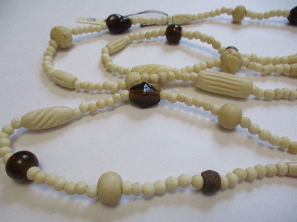 Vintage 44 Inch Long Carved Cream White Stone Brown Amber Glass Beaded ...