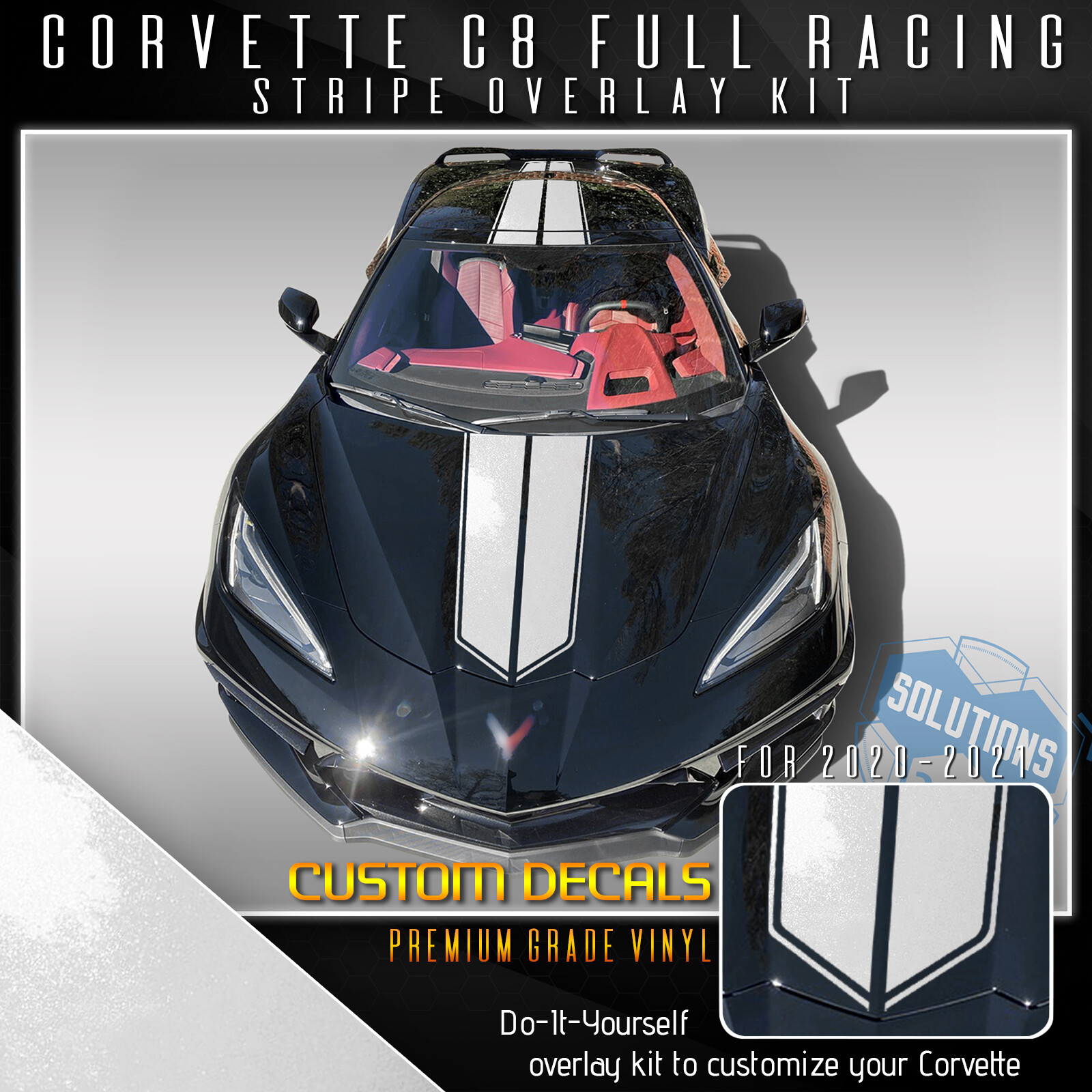 For 2020-2021 C8 Corvette Racing Stripes Overlay Graphic Decal - Glossy ...