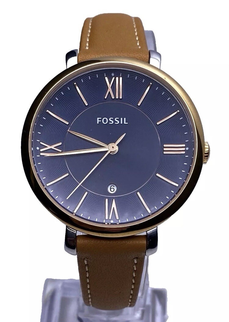 FOSSIL JACQUELINE ES4274 BLUE DIAL DATE BROWN LEATHER BAND LADIES WATCH ...
