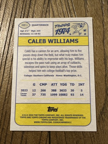 2024 Topps Chrome 1974 Caleb Williams Refractor #74TF-1 SP Bears Rookie ...