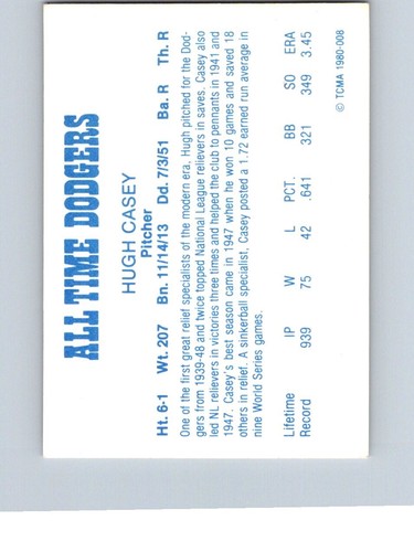 VINTAGE BASEBALL CARD ALL TIME LOS ANGELES DODGERS HUGH CASEY | eBay