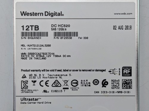 12TB HGST WD DC HC520 7200RPM SAS 12GB/s 3.5" Internal HDD 0F29530 ...