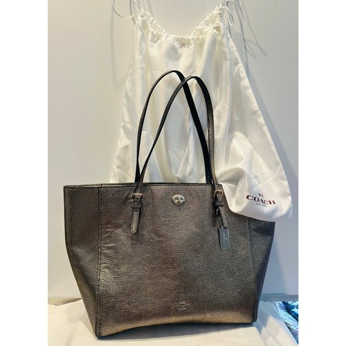 Coach Turnlock Tote Metallic Bronze Pebbled Leather Shoulder Bag Gold ...