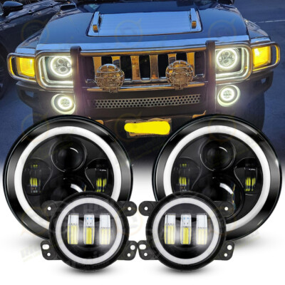 For Hummer H2 H3 H3T 06-10 7" LED Headlights 4" Fog Lights Combo Halo ...