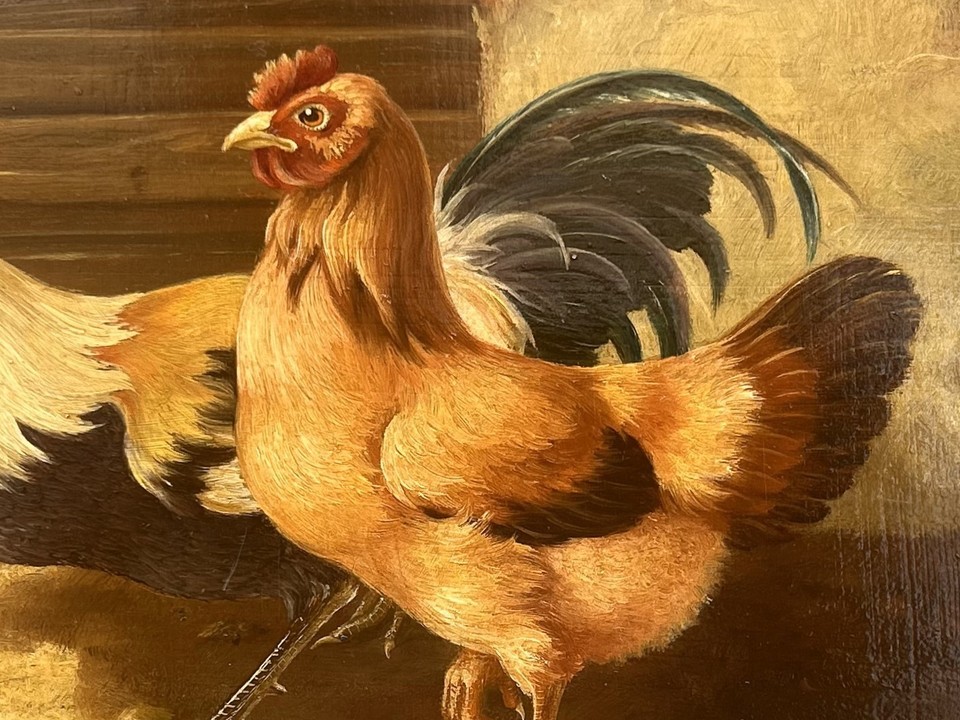 Victor Baird 1857-1924 A Pair of Chickens in the Farmyard Antique Oil ...